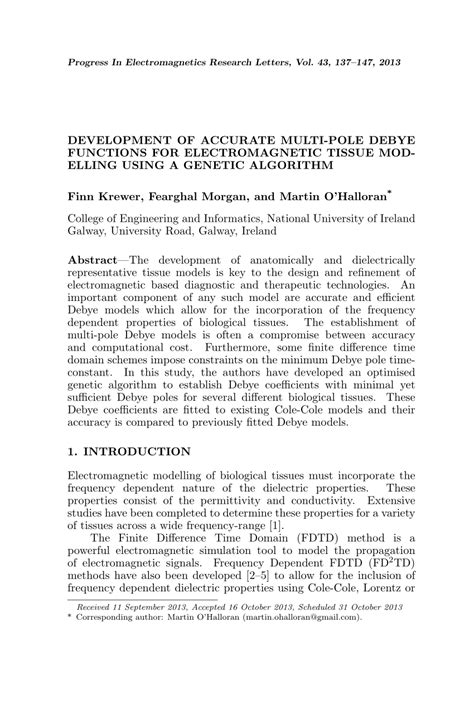 Pdf Development Of Accurate Multi Pole Debye Functions For Electromagnetic Tissue Modelling
