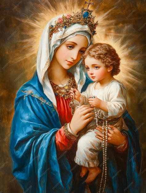 Virgem Maria Segurando O Menino Jesus Com O Rosário Imagem Premium