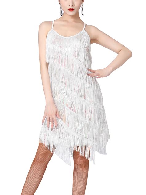 Yizyif Womens Sparkling Sequins Tassels Dance Dress Latin Tango Dance