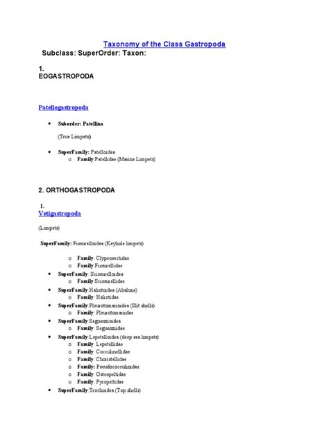 Subclass Superorder Taxon Taxonomy Of The Class Gastropoda Pdf