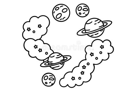 Illustrated Cosmic Scene With Planets Moons And Stars In A Circular Cloud Formation Ai