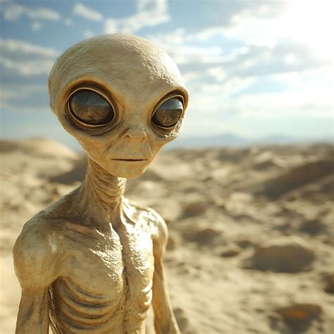 Closeup Of A Grey Alien Standing In A Desert Landscape Premium Ai