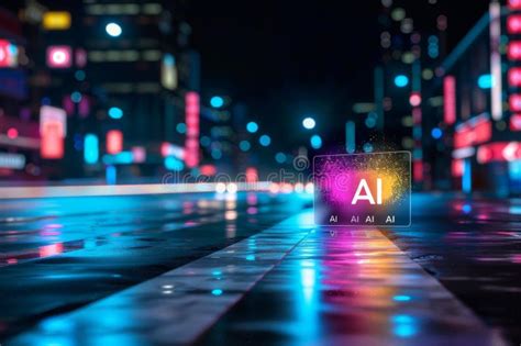 ai digital cube with glowing effects in futuristic urban setting stock