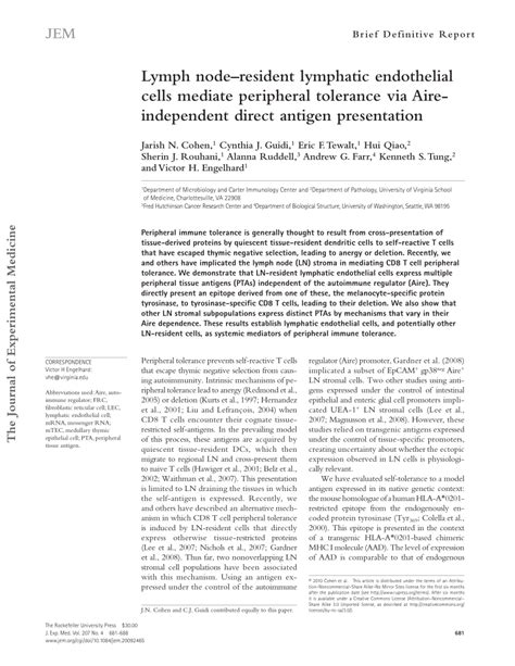 Pdf Lymph Node Resident Lymphatic Endothelial Cells Mediate Peripheral Tolerance Via Aire