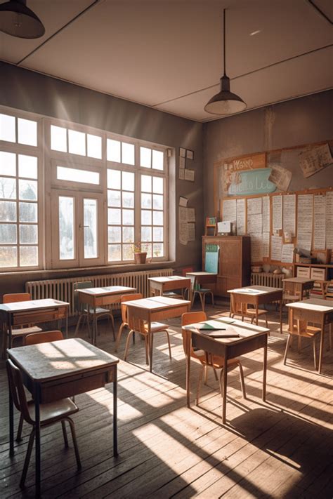 课桌明亮空无一人的中学教室校园场景摄影图