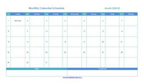 Monthly Calendar Schedule Templates Printable Formats