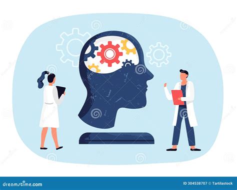 Psychological Therapy Mental Illness Or Mind Care Scientists Observing Head With Cogwheels