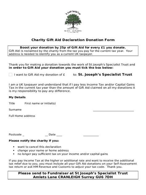 Charity T Aid Declaration Donation St Josephscranleigh Surrey Sch