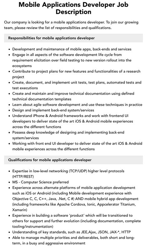 Mobile Applications Developer Job Description Velvet Jobs