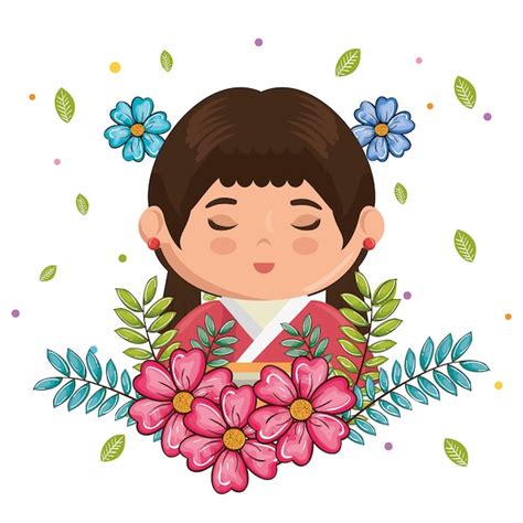 Kleines Japanisches Mädchen Kawaii Mit Blumencharakter Premium Vektor