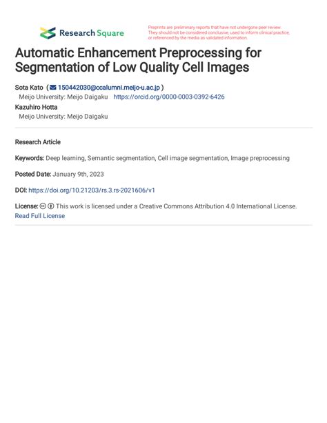 Pdf Automatic Enhancement Preprocessing For Segmentation Of Low