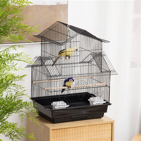 Pawhut Metal Bird Cage With Plastic Swing Perch Food Container Tray Ha