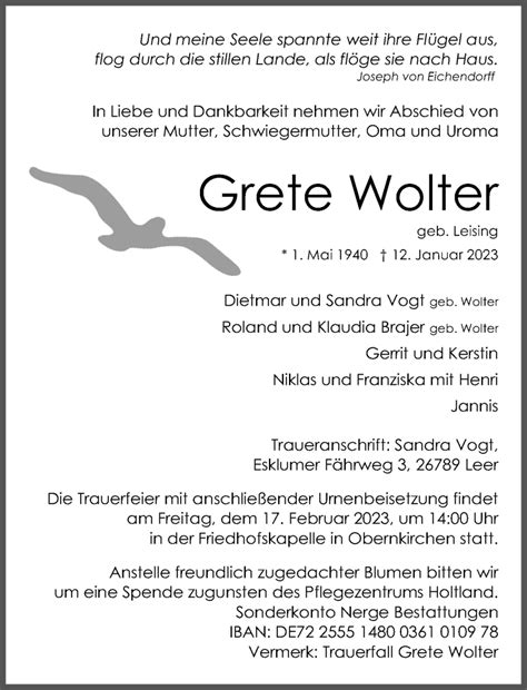Traueranzeigen Von Grete Wolter Trauer Anzeigende
