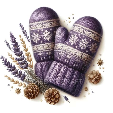 Purple Winter Mittens Watercolor Clipart Christmas Farmhouse Style