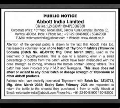 Telangana Takes Steps To Recall Mislabelled Batch Of Thyronorm Tablets