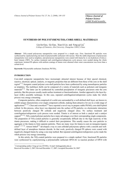 Pdf Synthesis Of Polystyrene Tio2 Core Shell Materials