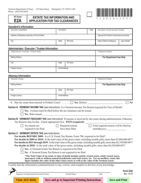 Vt Form E2a Download Fillable Pdf Or Fill Online Estate Tax Information