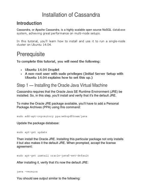 Installation Of Cassandra Step 1 Installing The Oracle Java Virtual Machine Pdf Java