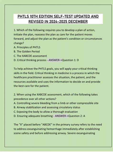 Phtls 10th Edition Self Test Updated And Revised In December Phtls Stuvia Us