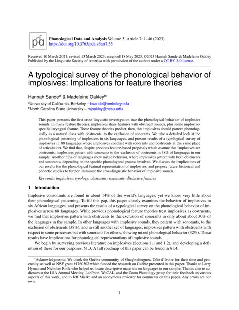 Pdf A Typological Survey Of The Phonological Behavior Of Implosives