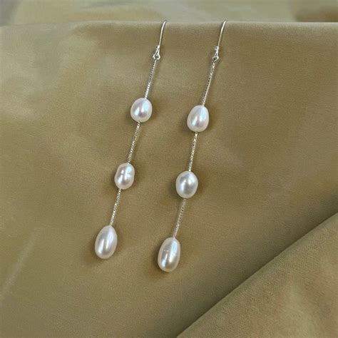 Sterling Silver Triple Pearl Drop Earrings Freshwater Pearl Long