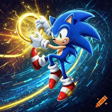 Blue Hedgehog Sonic Leaps Holding A Glowing Golden Ring Against A Vibrant Blue And Yellow