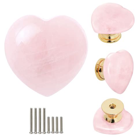 Malimali 4pcs Rose Quartz Heart Cabinet Knobs Pink Crystal Dresser Drawer Pulls And Knobs For
