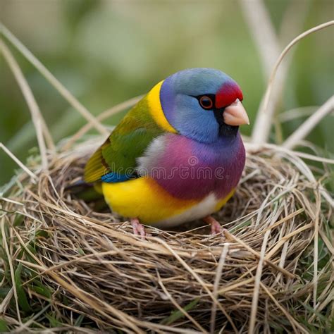 Gouldian Finch In Its Cozy Nest Guarding Future Life Stock Image