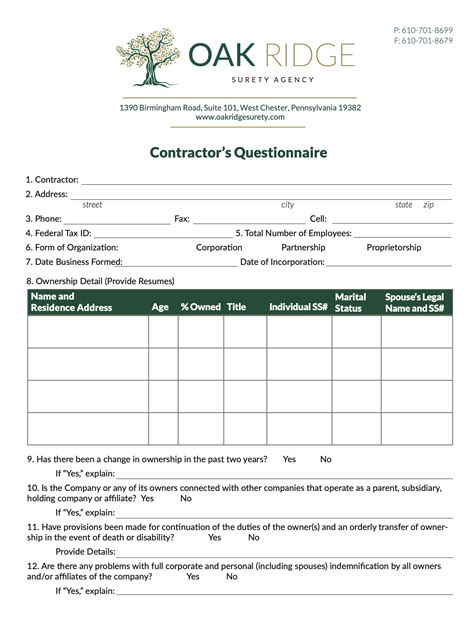 Contractor Questionnaire Oak Ridge Surety
