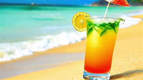Cocktail With Small Umbrella With Sunny Beach Scenes Gentle Waves