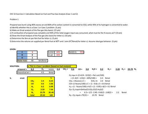 Calculation Based On Fuel And Flue Gas Analysis Given C 3 Co2 Conv80 H2o Conv 95 H 8 Xs