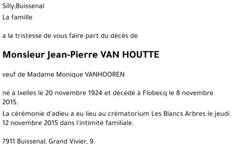 Avis De Décès De Jean Pierre Van Houtte Décédé Le 08 11 2015 à