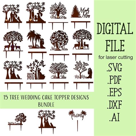 15 Tree Wedding Cake Toppers Svg Bundle Laser Cut Files Glowforge File