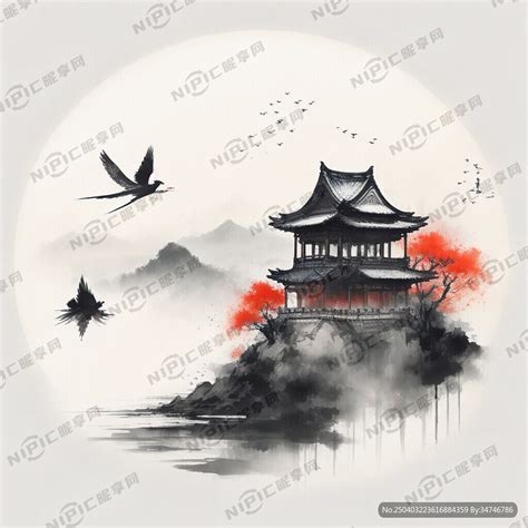 Ai创作图滕王阁落霞与孤鹜齐飞 秋水共长天一色。水墨画 昵图网