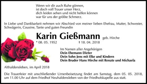 Traueranzeigen Von Karin Gießmann Geb Hirche Abschied Nehmende
