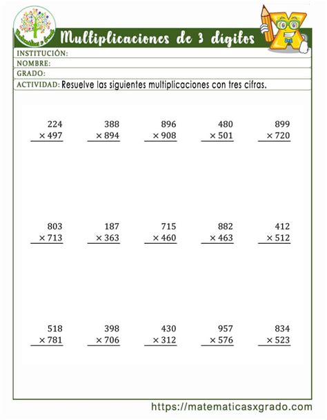 Ejercicios De Multiplicación De Tres Cifras Para Imprimir