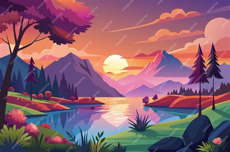 Sunset Lake Landscape Cartoon Vector Illustration Flat Style Artwork