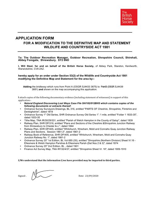 Application Form For A Modification To The Definitive Map And Statement