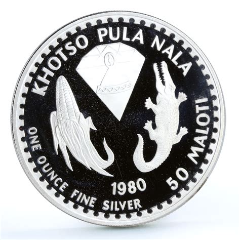 Lesotho 50 Maloti 110 Years King Moshoeshoe Crocodiles Fauna Silver Coin 1980 Coinsberg
