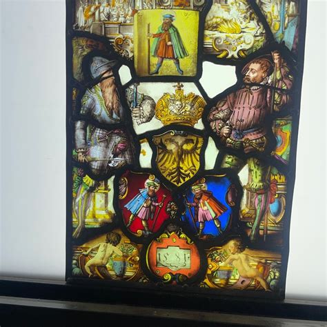 Proantic Renaissance Stained Glass Window With Two Headed Eagle 24 X