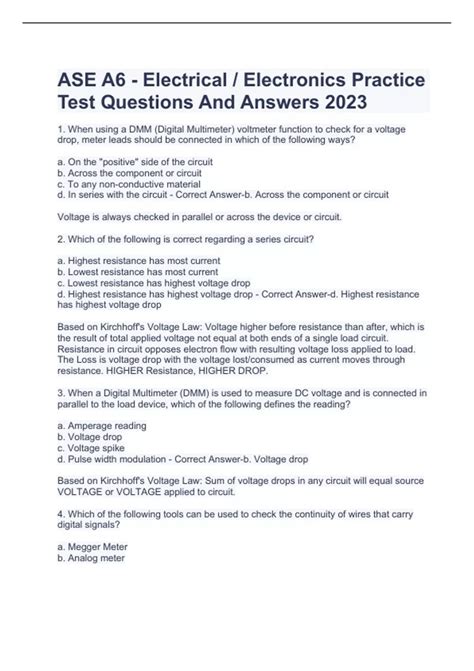 Ase A6 Electrical Electronics Practice Test Questions And Answers