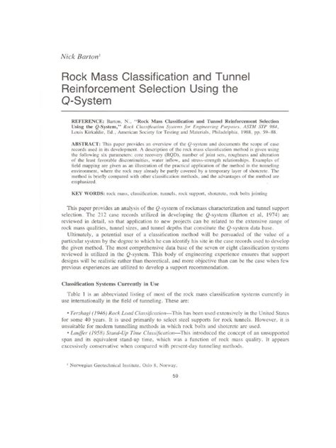 Barton Rock Mass Classification And Tunnel Reinforcement Using The Q