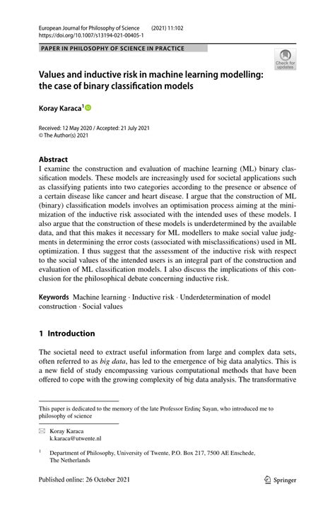 Pdf Values And Inductive Risk In Machine Learning Modelling The Case Of Binary Classification