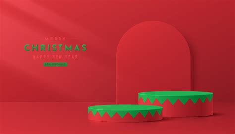 톱니 모양의 패턴 스타일의 사실적인 빨간색 녹색 3d 실린더 받침대 연단 메리 크리스마스 개념 추상적 인 최소 장면 모형 제품 무대 쇼케이스 프로모션 디스플레이 벡터