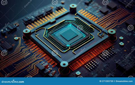Computer Processor Or Micro Chip Close Up With Neon Lights In Blue And Orange Colors Generative