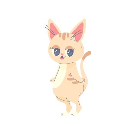 Premium Vector Cute Striped Lady Kitty Walking On Two Paws Kawaii Comical