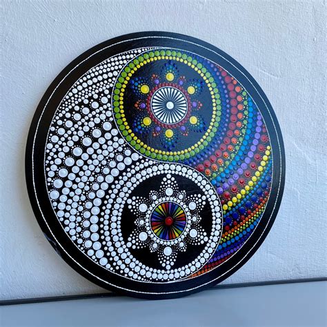 Hand Made Rainbow Dot Art Mandala Yin Yang Round Canvas Etsy