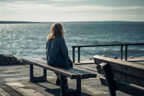 Una Chica Solitaria Sentada En Un Banco Con Vistas Al Mar Foto Premium