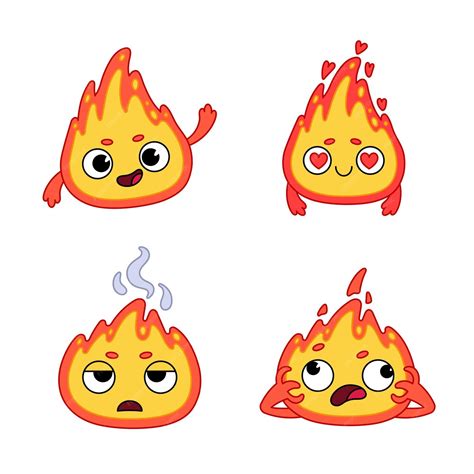 Premium Vector Set Of Cute Hand Drawn Flame Characters Waving Falling In Love Sighing Grimacing