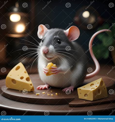 Tiny Cute Rat Portrayed With Cheese In Adorable Setting Stock
